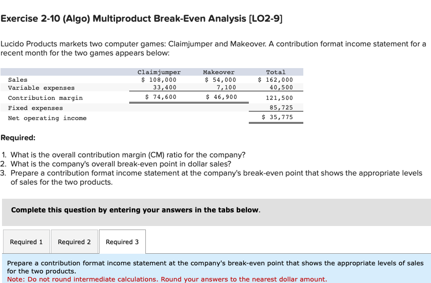 Solved Exercise 2-10 (Algo) Multiproduct Break-Even Analysis | Chegg.com