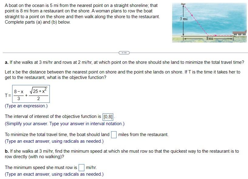 Solved A boat on the ocean is 5mi from the nearest point on | Chegg.com