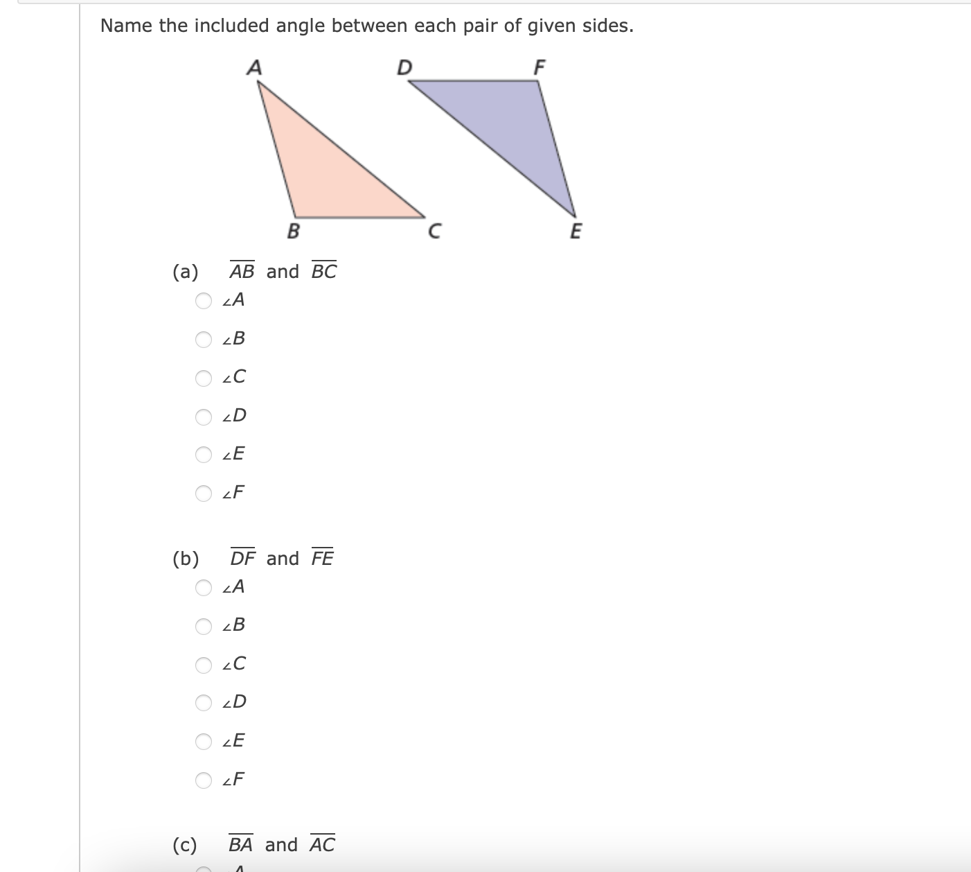 Solved Name the included angle between each pair of given | Chegg.com
