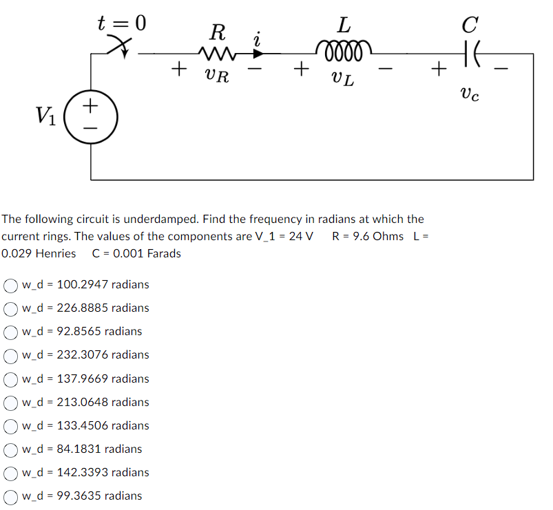 Solved The following circuit is underdamped. Find the | Chegg.com