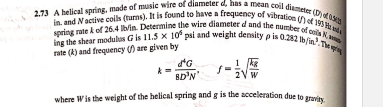 Solved 2.73 A helical spring, made of music wire of diameter | Chegg.com