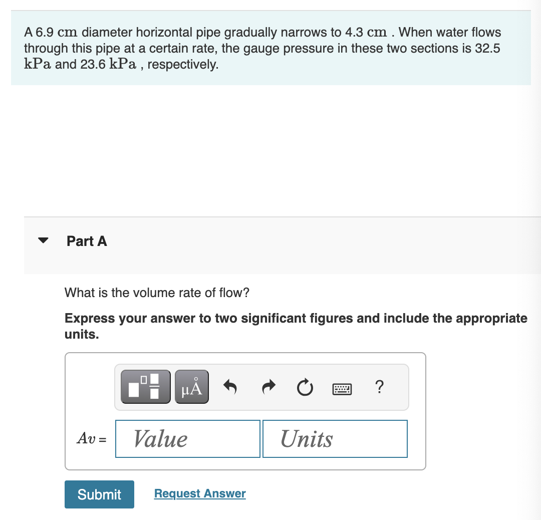 Solved A 6.9 cm diameter horizontal pipe gradually narrows | Chegg.com