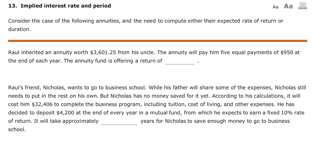 Solved 13. Implied interest rate and period Aa Aa Consider | Chegg.com