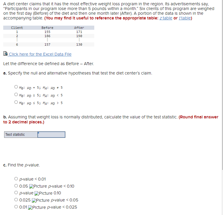Solved Client 1 2 3 4 5 6 Weight on First Day of Diet Weight | Chegg.com