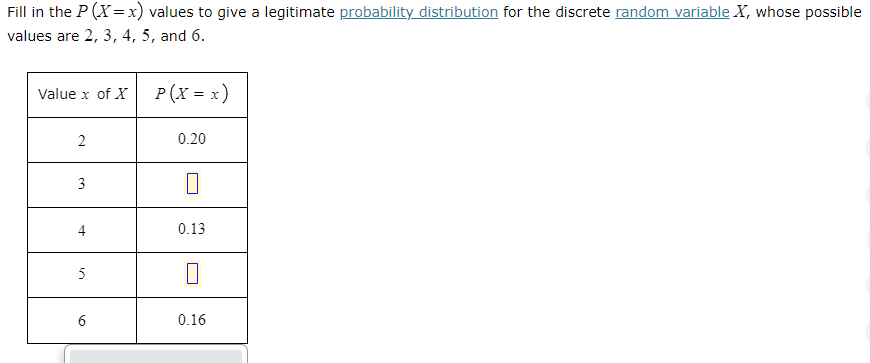 Solved Fill in the P(x=x) ﻿values to give a legitimate | Chegg.com
