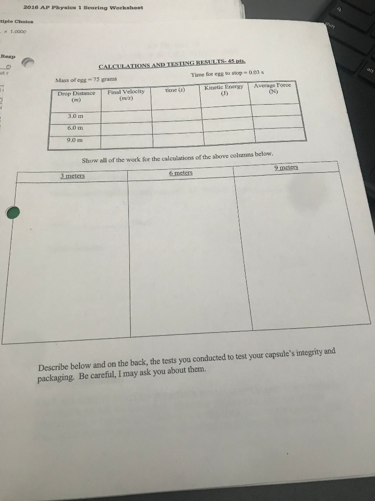 Solved 2016 AP Physics 1 Scoring Worksheet tiple Choice x | Chegg.com