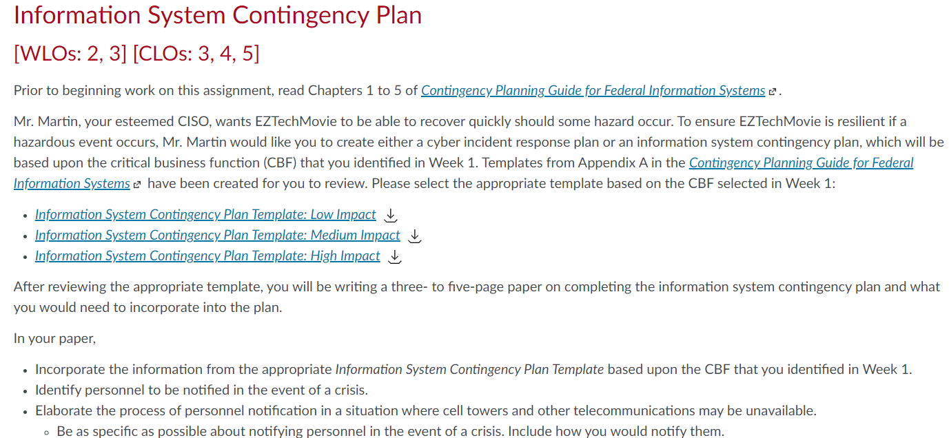 Solved Information System Contingency Plan [WLOS: 2, 3] | Chegg.com