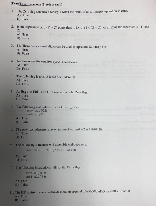 Solved The Zero flag contains a binary I when the result of | Chegg.com