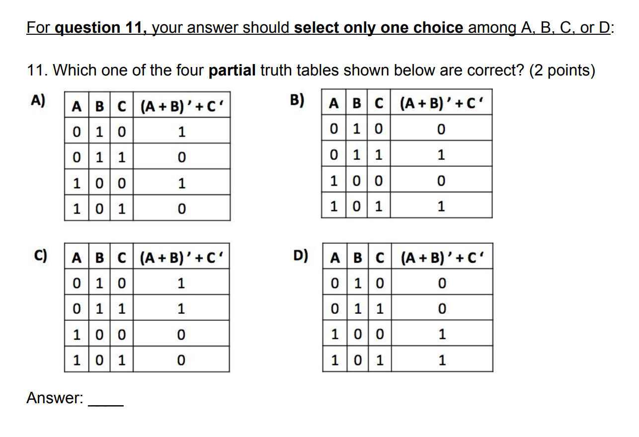 Solved For question 11, your answer should select only one | Chegg.com