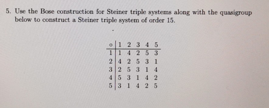 Solved 5. Use the Bose construction for Steiner triple | Chegg.com