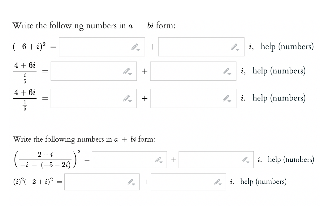 Solved Write the following numbers in a+bi form: | Chegg.com