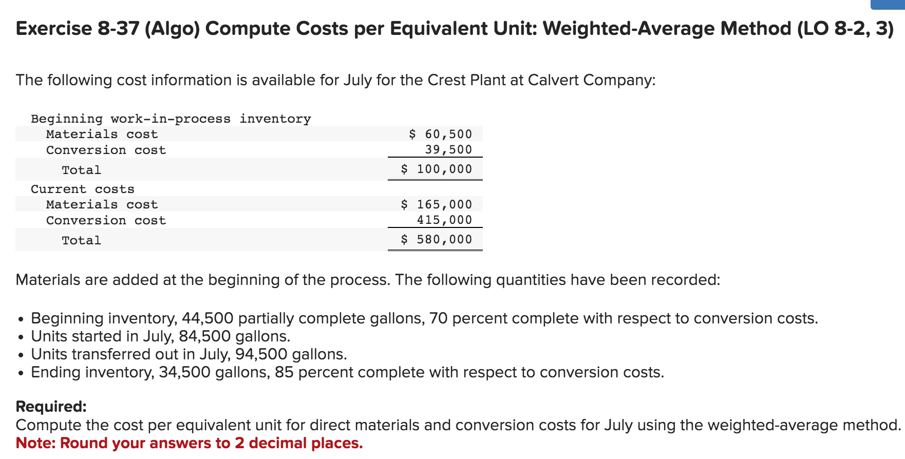 Solved Exercise 8-37 (Algo) Compute Costs per Equivalent | Chegg.com