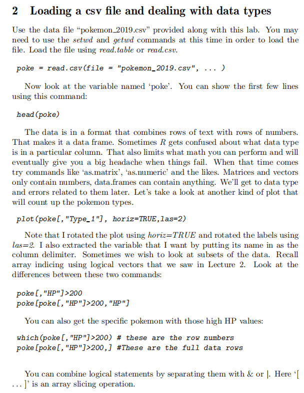 Solved 2 Loading a csv file and dealing with data types Use | Chegg.com