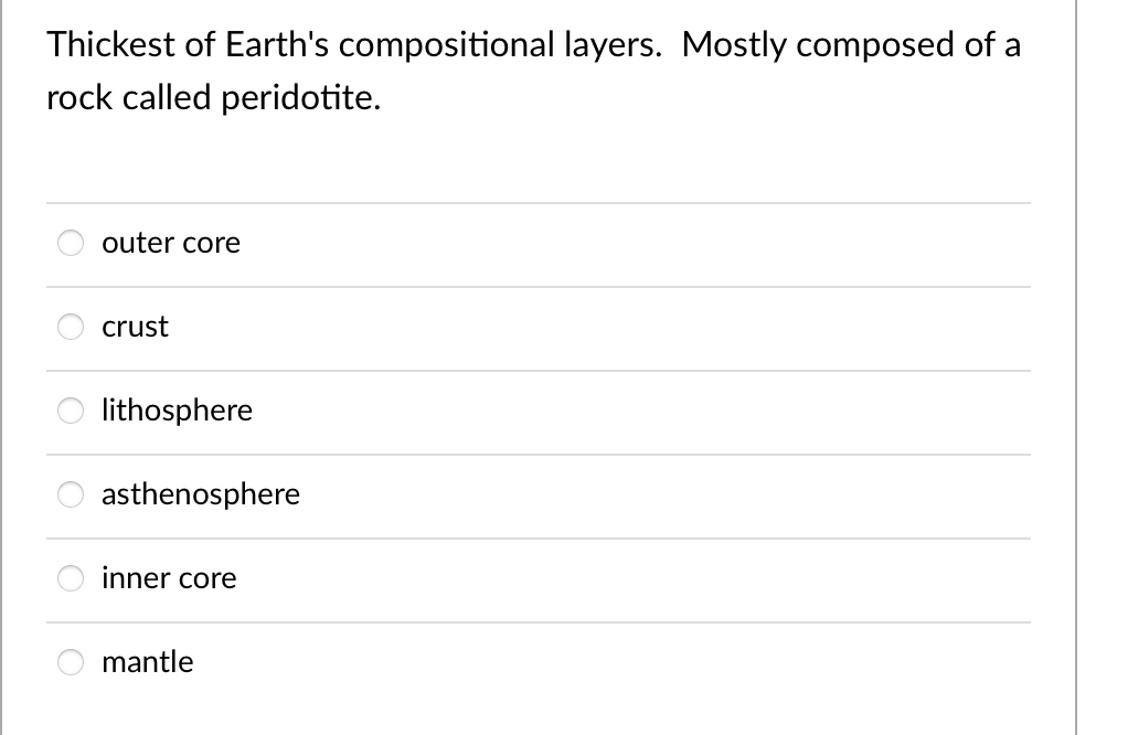 Solved Thickest of Earth's compositional layers. Mostly | Chegg.com