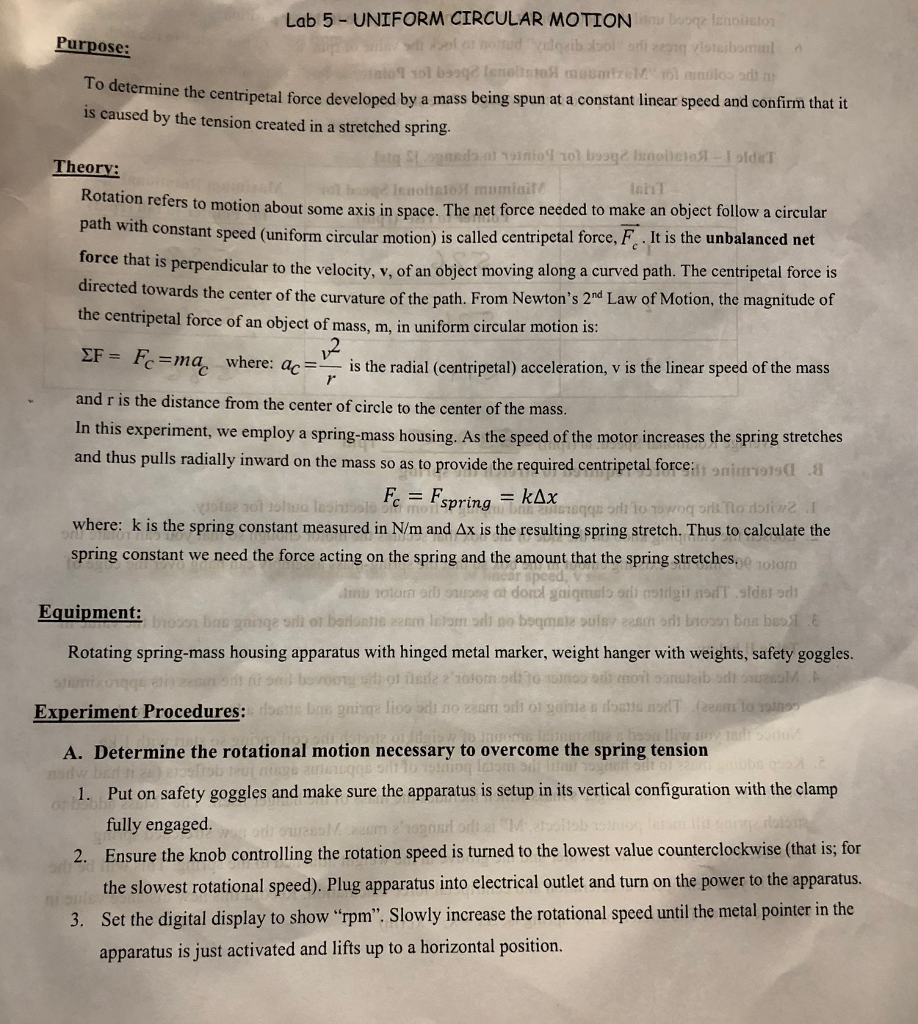 Lab 5-UNIFORM CIRCULAR MOTION Purpose: To determine | Chegg.com