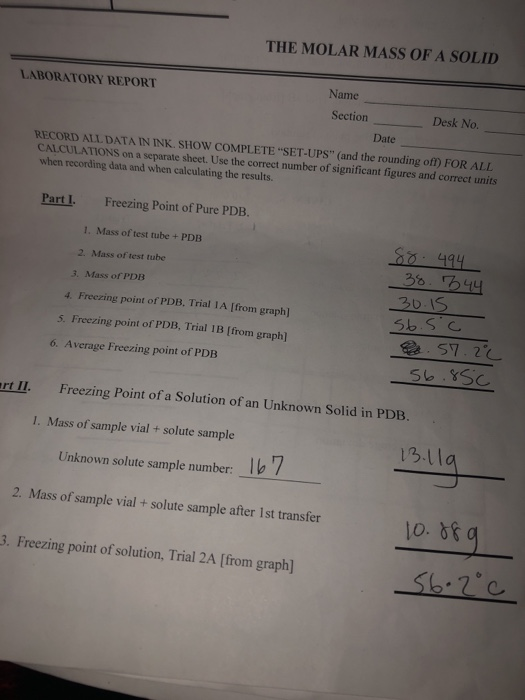 Solved THE MOLAR MASS OF A SOLID LABORATORY REPORT Name | Chegg.com
