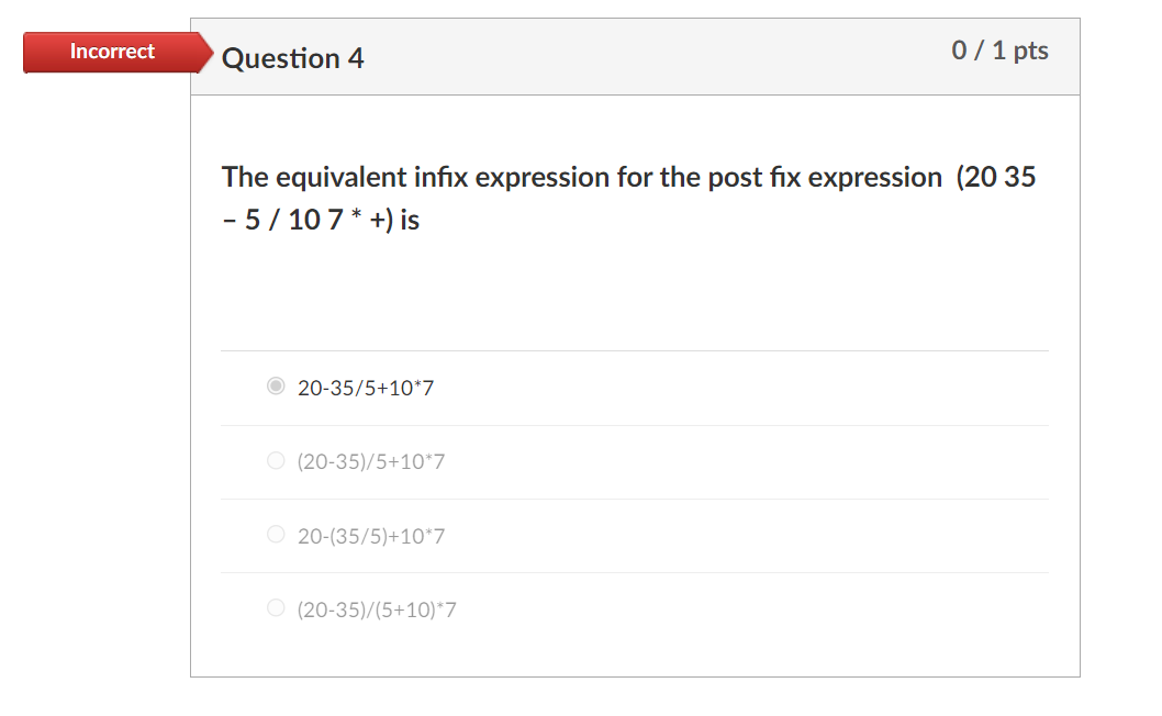 Solved Incorrect Question 4 0 / 1 pts The equivalent infix | Chegg.com