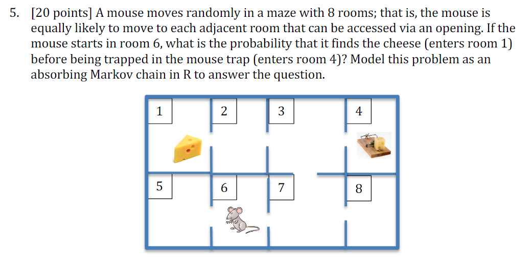 Solved 5. [20 points] A mouse moves randomly in a maze with | Chegg.com