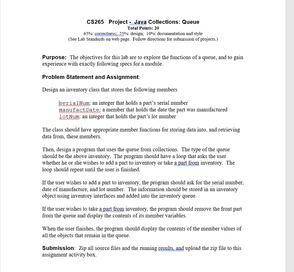 Solved CS265 Project- Java Collections: Queue Total Points: | Chegg.com