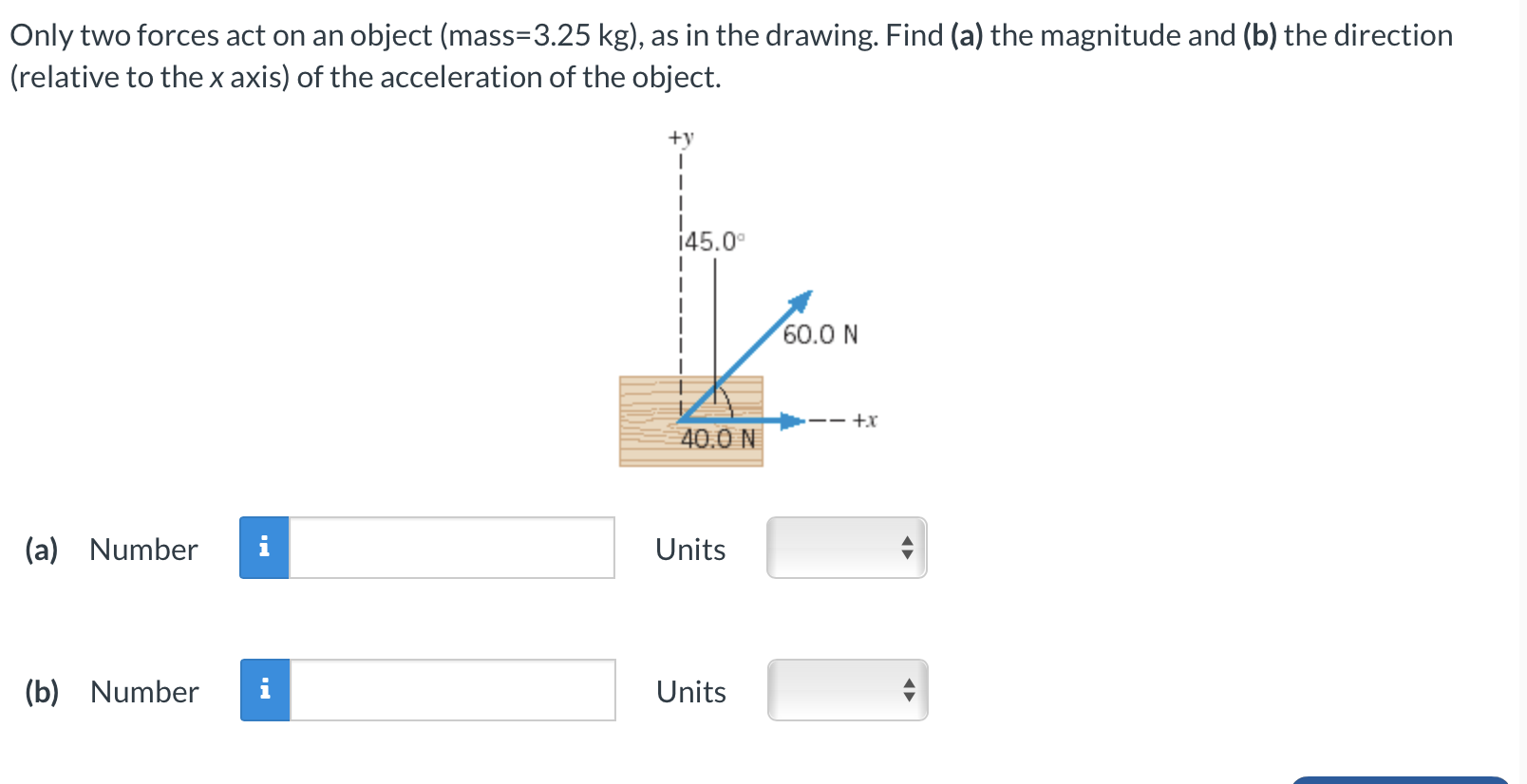 Solved Only two forces act on an object (mass=3.25 ﻿kg), ﻿as | Chegg.com
