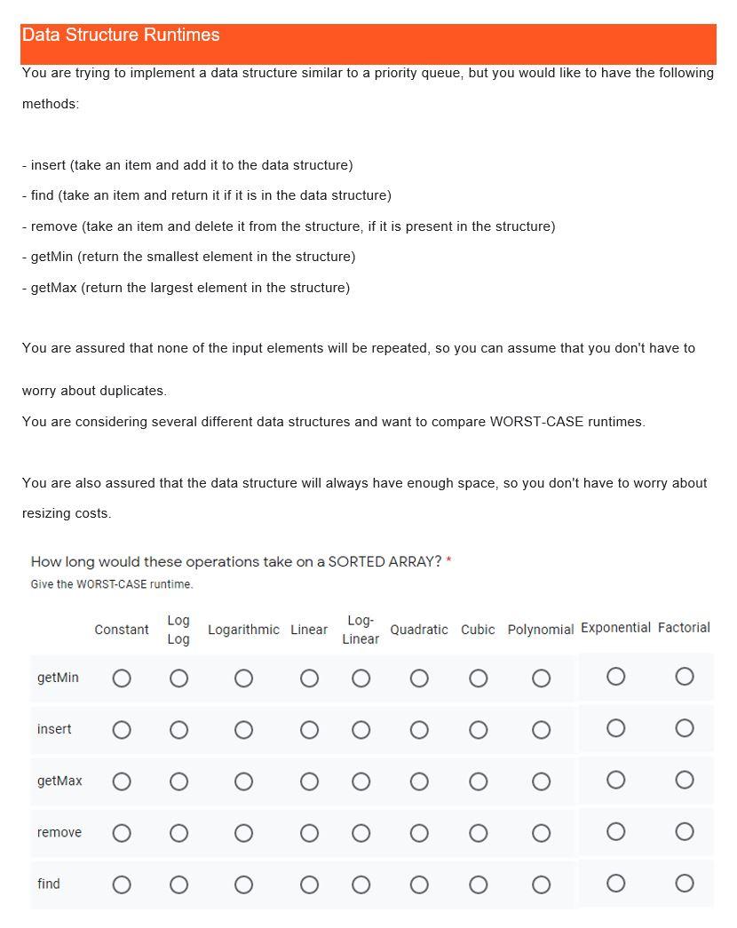 Solved Data Structure Runtimes You are trying to implement a | Chegg.com