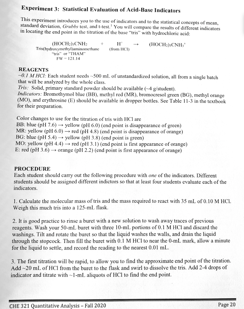 Experiment 3: Statistical Evaluation of Acid-Base | Chegg.com