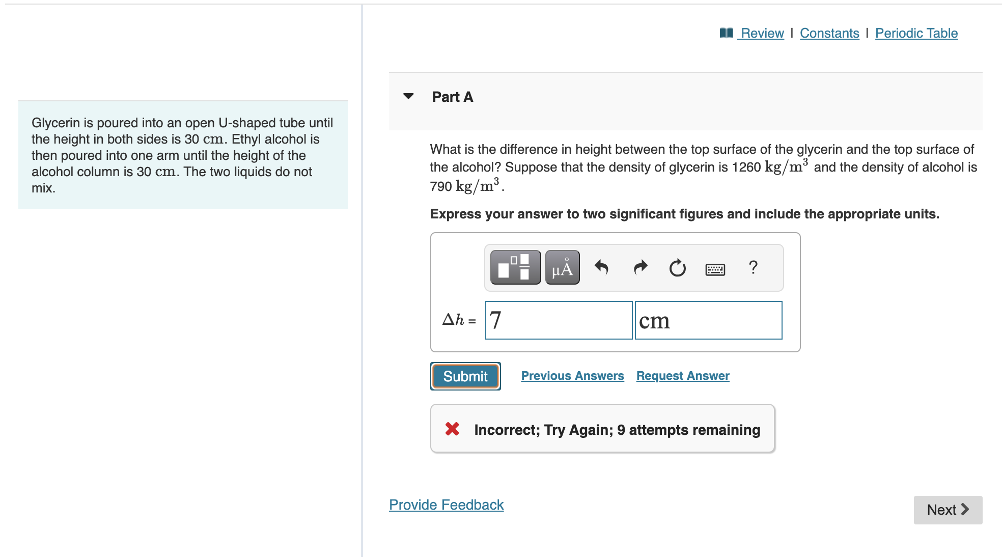 Solved Glycerin is poured into an open U-shaped tube | Chegg.com