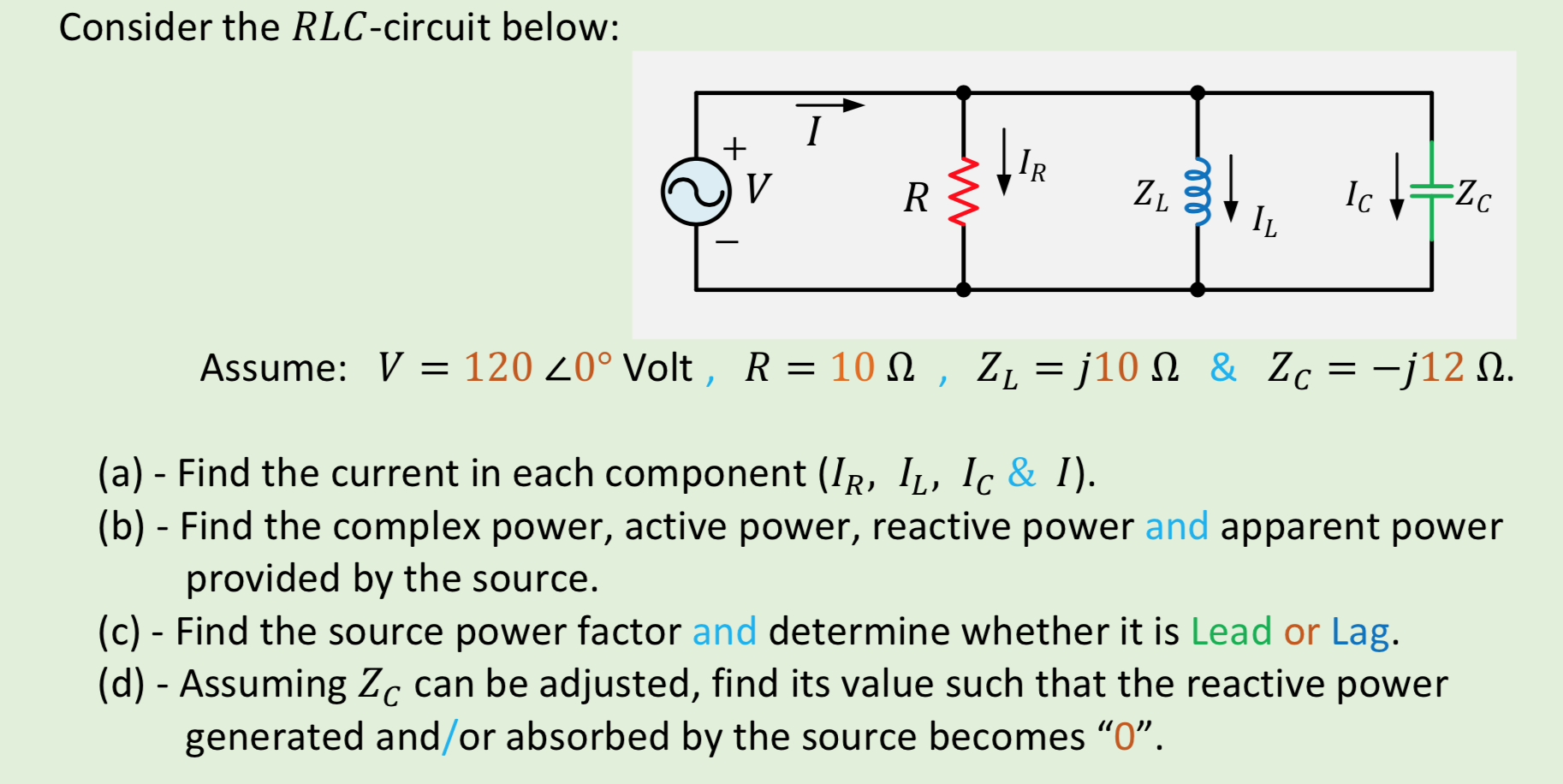 Solved Consider the RLC-circuit below: + V IR R ZL Ic =Zc IL | Chegg.com