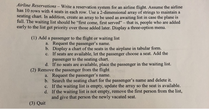 Solved irline Reservations-Write a reservation system for an | Chegg.com