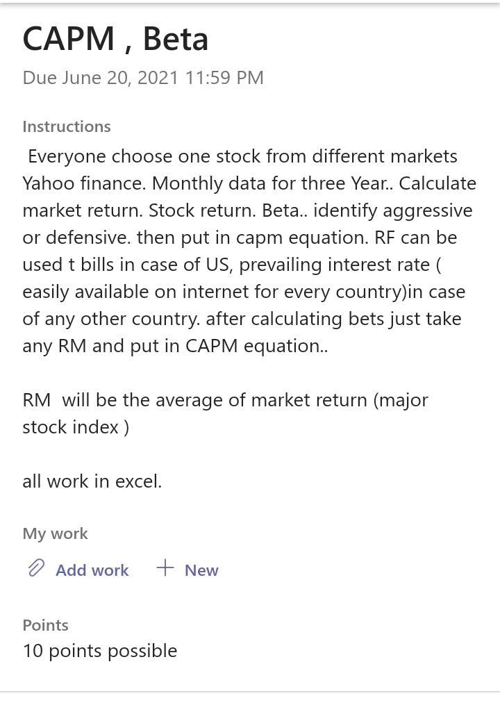 Solved CAPM, Beta Due June 20, 2021 11:59 PM Instructions | Chegg.com