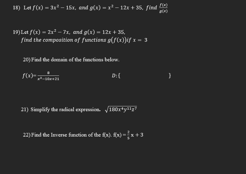 Solved 18) Let f(x) = 3x² – 15x, and g(x) = x² − 12x + 35, | Chegg.com
