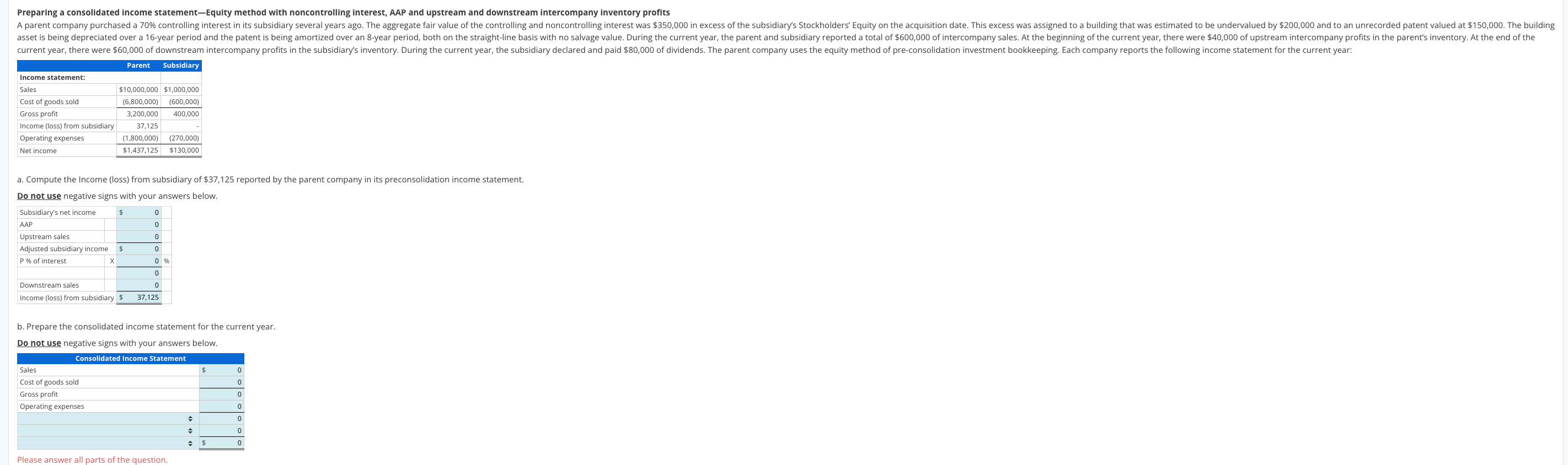 Solved a. Compute the Income (loss) from subsidiary of | Chegg.com