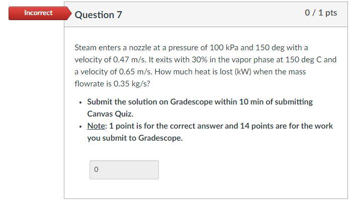 Solved Incorrect Question 7 0 / 1 pts Steam enters a nozzle | Chegg.com
