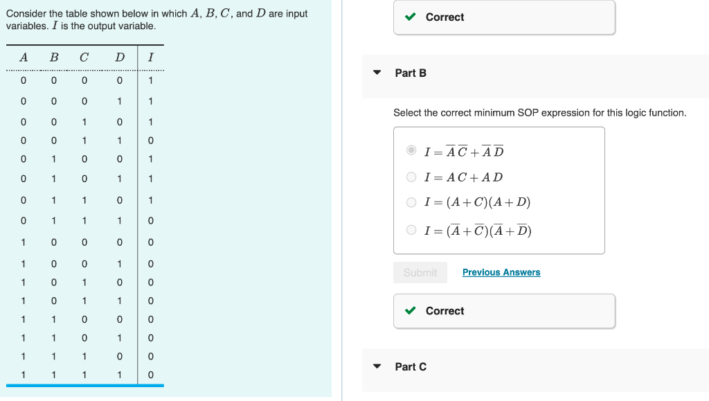 Solved Part A Consider the table shown below in which A, B, | Chegg.com