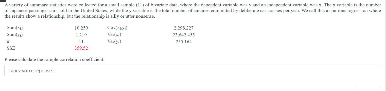 Solved A variety of summary statistics were collected for a | Chegg.com