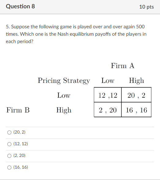 Solved 5. Suppose the following game is played over and over | Chegg.com