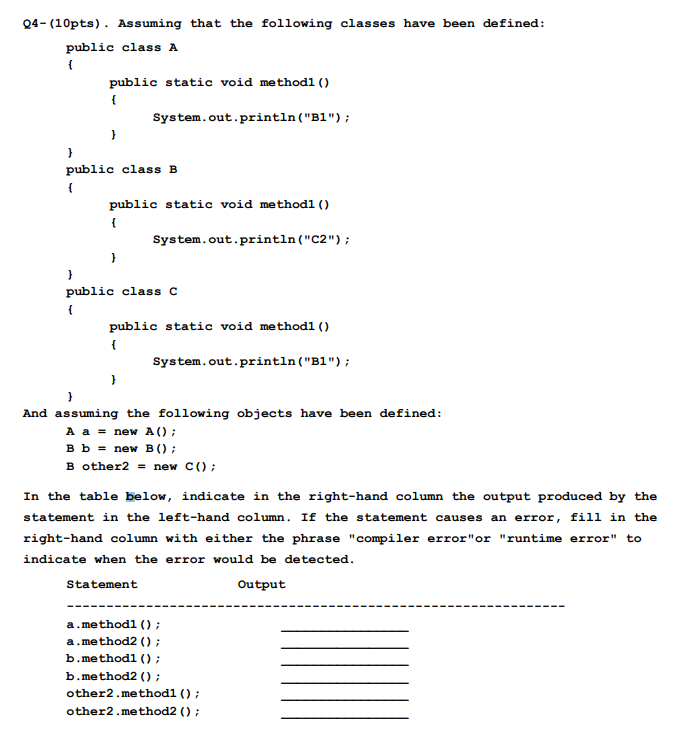 Solved Q4-(10pts). Assuming that the following classes have | Chegg.com