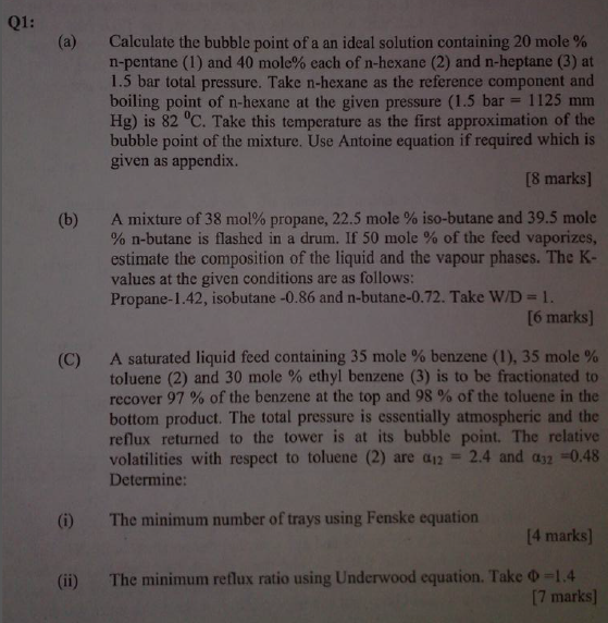 Solved Q1: Calculate the bubble point of a an ideal solution | Chegg.com