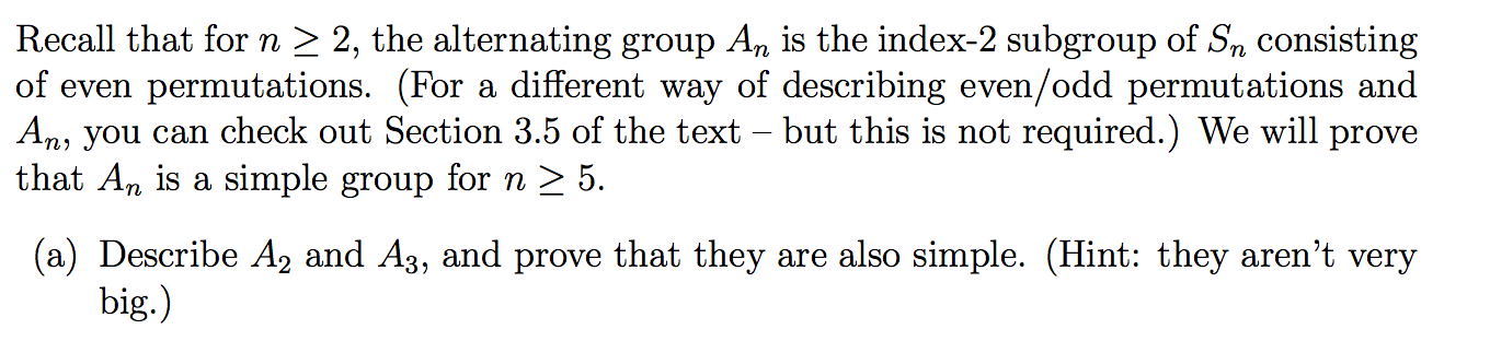 Solved Recall that for n > 2, the alternating group An is | Chegg.com