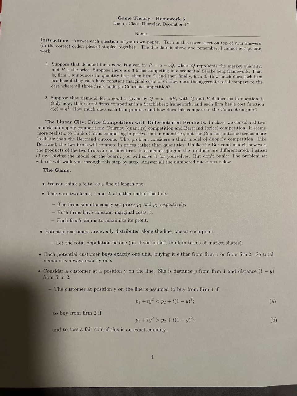 Game Theory - Homework 5 Due in Class Thursday, | Chegg.com