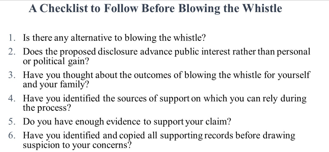 Below is a checklist for blowing the whistle. | Chegg.com