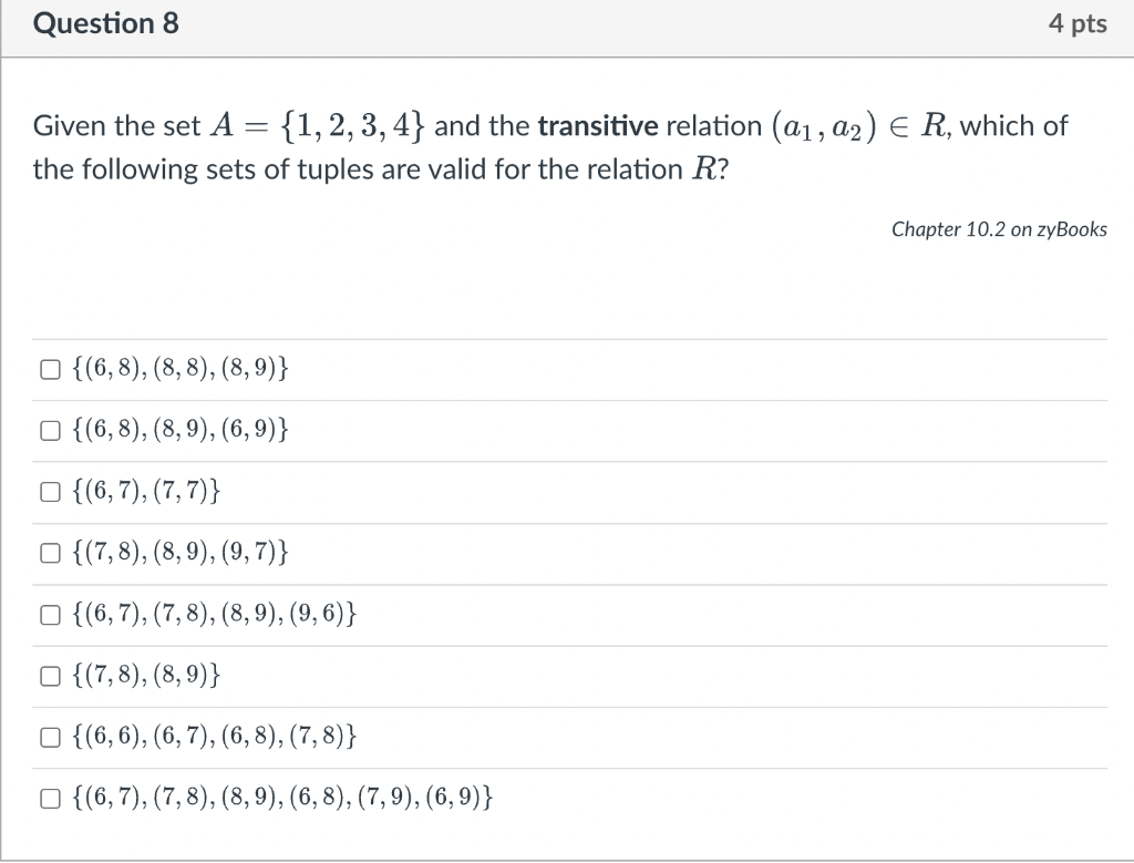 Solved Question 8 4 pts = Given the set A = {1, 2, 3,4} and | Chegg.com