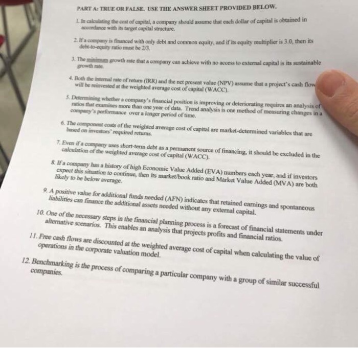 Solved PART A: TRUE OR FALSE. USE THE ANSWER SHEET PROVIDED | Chegg.com