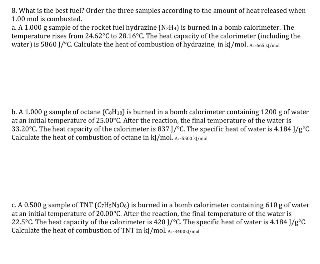 Solved 8. What is the best fuel? Order the three samples | Chegg.com