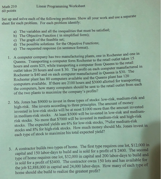 Solved Math 210 60 points Linear Programming Worksheet Set | Chegg.com