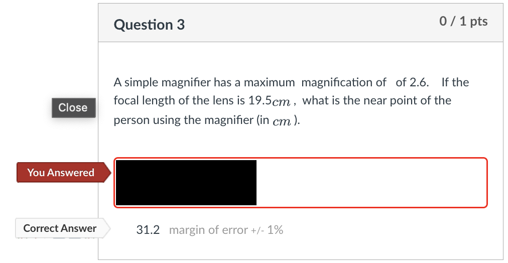 Solved Question 3 0 / 1 pts Close A simple magnifier has a | Chegg.com