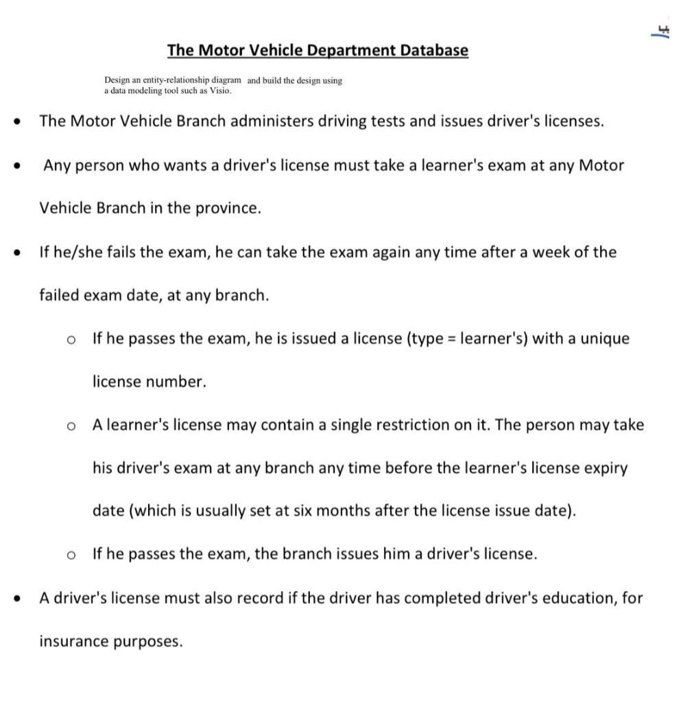 Solved 비 The Motor Vehicle Department Database Design an | Chegg.com