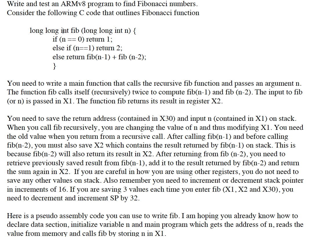 Write and test an ARMv8 program to find Fibonacci | Chegg.com