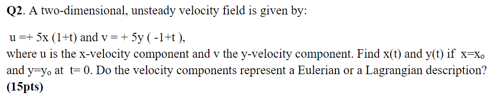 Solved Q2. A two-dimensional, unsteady velocity field is | Chegg.com
