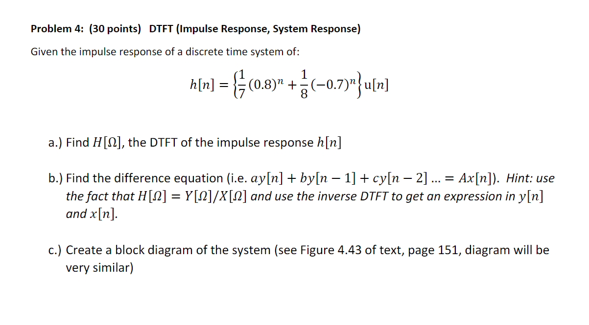 Solved Problem 4: (30 points) DTFT (Impulse Response, System | Chegg.com